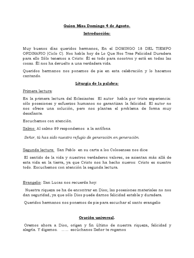 Guion Misa Domingo 4 de Agosto | PDF | Misa (liturgia) | Cristo (título)