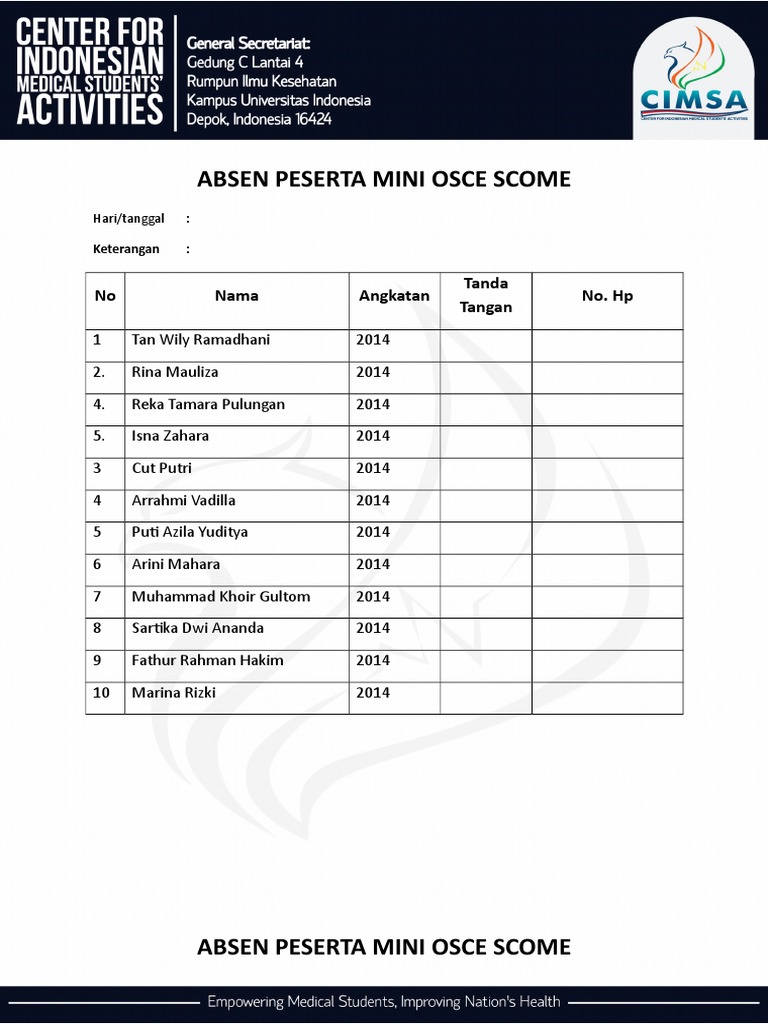 Absen Peserta Mini Osce Scome: No Nama Angkatan Tanda Tangan No. HP | PDF