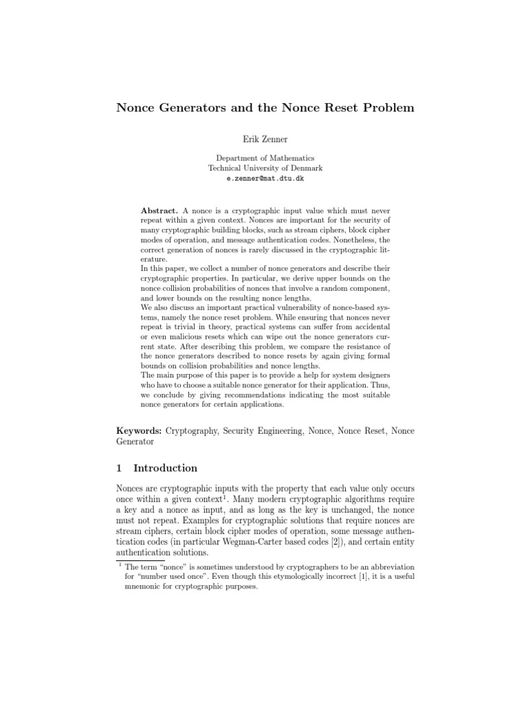 Nonce Generators and The Nonce Reset Problem 2009 Zenner ISC | PDF ...