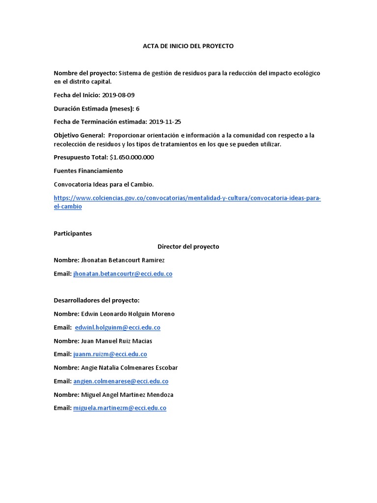 Acta de Inicio Del Proyecto | PDF
