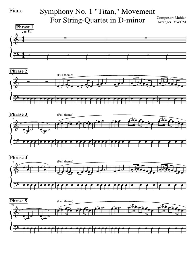 Mahler - Symphony-1-Titan - Mvt-3-String-Quartet - D-Minor-+0 - Sheet-by-YWCM - Piano - Whole | PDF