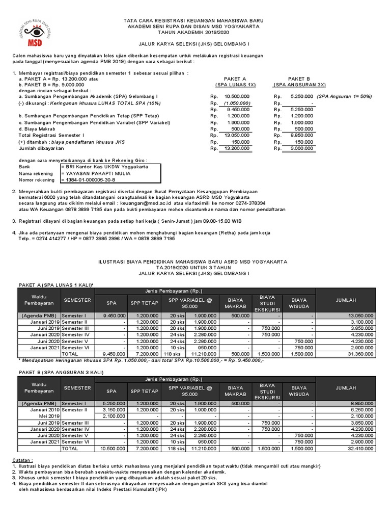 Biaya Kuliah ASRD MSD Yogyakarta 2019 | PDF