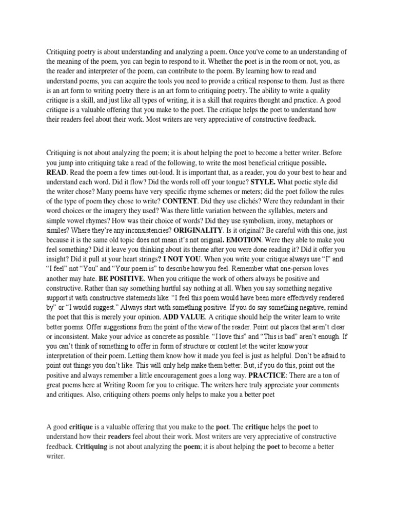 Critiquing Poetry Is About Understanding and Analyzing A Poem | PDF ...