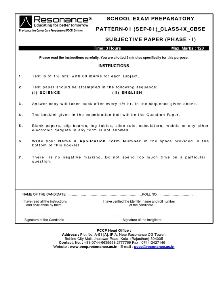 School Exam Preparatory PATTERN-01 (SEP-01) - CLASS-IX - CBSE ...