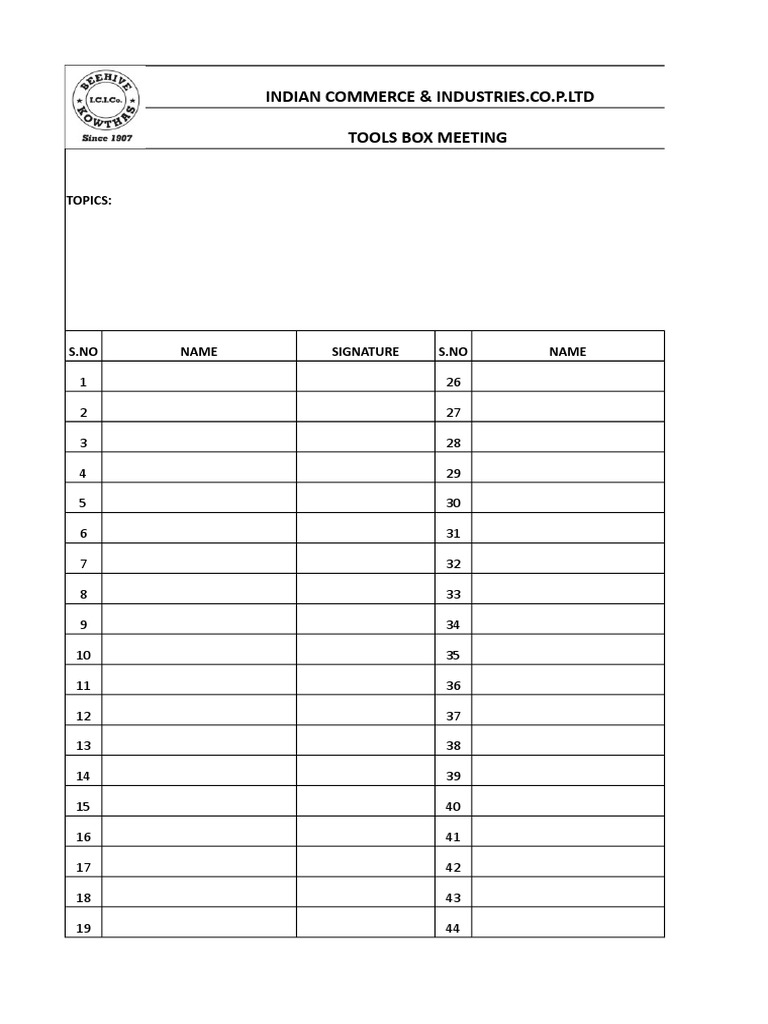Toolbox Meeting Attendance Checklist | PDF