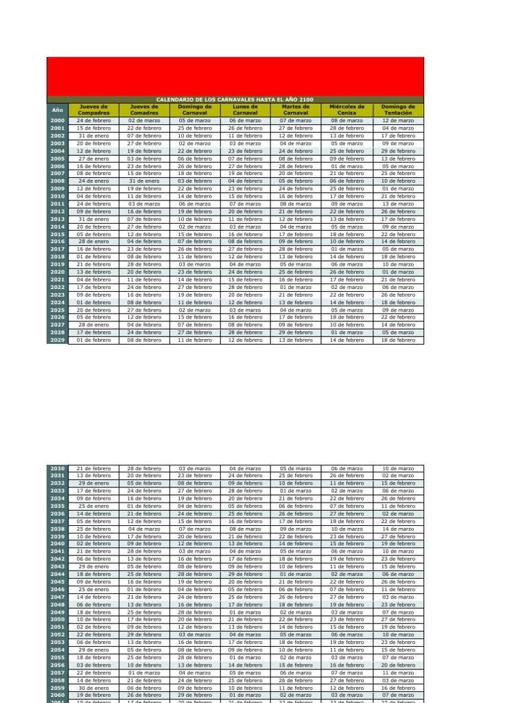 Calendario de Los Carnavales Hasta El Año 2100 | Descargar gratis PDF ...