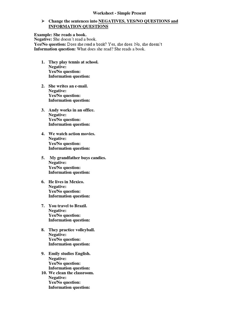 Change The Sentences Into NEGATIVES, YES/NO QUESTIONS and | PDF