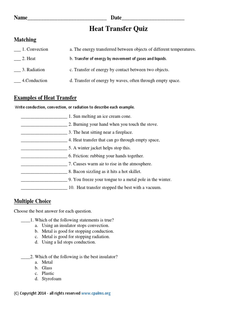 Heat Transfer Quiz: Name - Date | PDF | Heat Transfer | Thermal Conduction