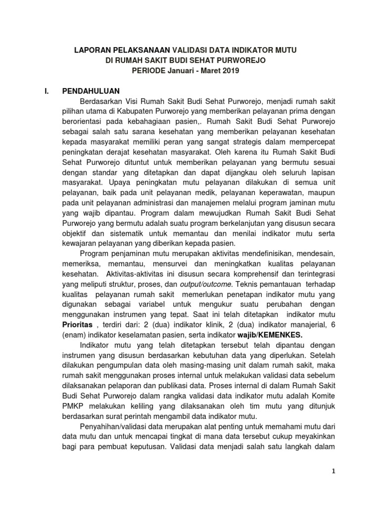 Laporan Pelaksanaan Validasi Data Indikator Mutu Rumah Sakit | PDF