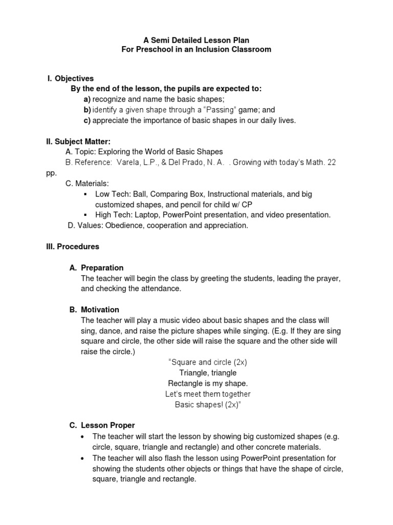 Preschool Basic Shapes Lesson Plan for Inclusion Classroom | PDF ...