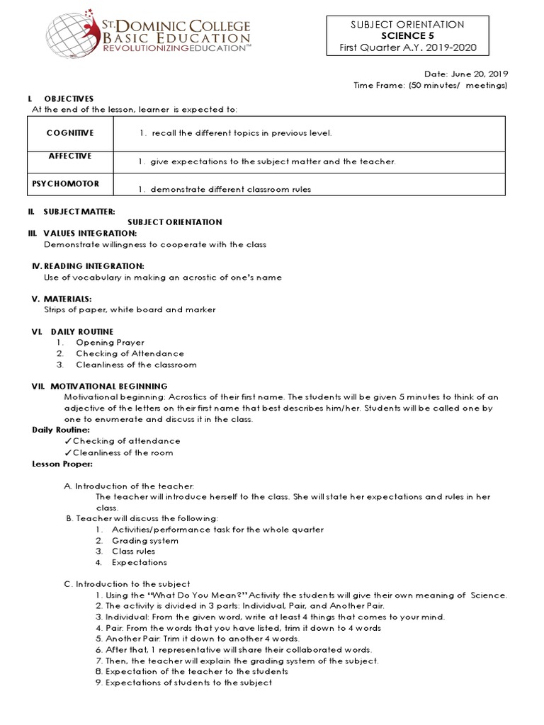 LP Science5 Subject Orientation W1 AY20192020 | PDF | Classroom | Teachers
