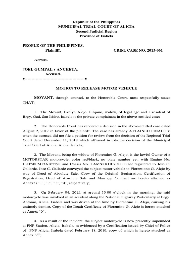 Motion To Release Motor Vehicle-Gumpal | PDF | Judgment (Law) | Justice
