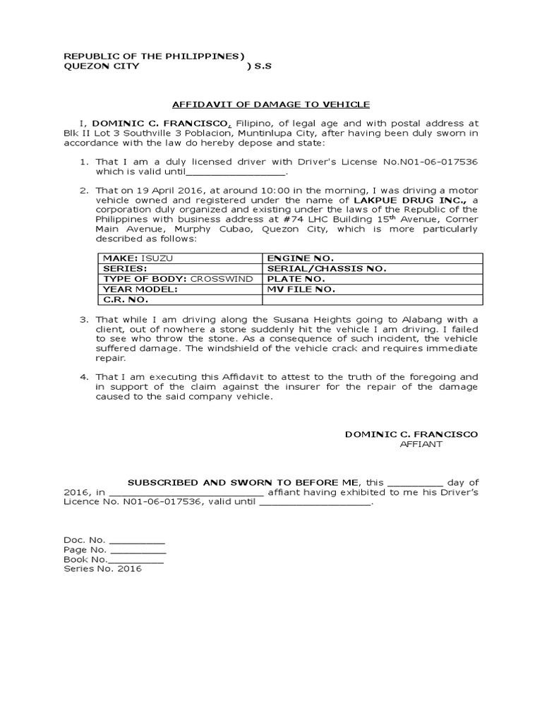 Sample Affidavit of Damage Vehicle | PDF | Finance & Money Management | Law