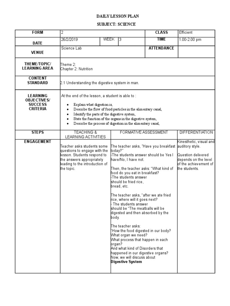 DAILY LESSON PLAN - Digestive System | PDF | Lesson Plan | Pedagogy