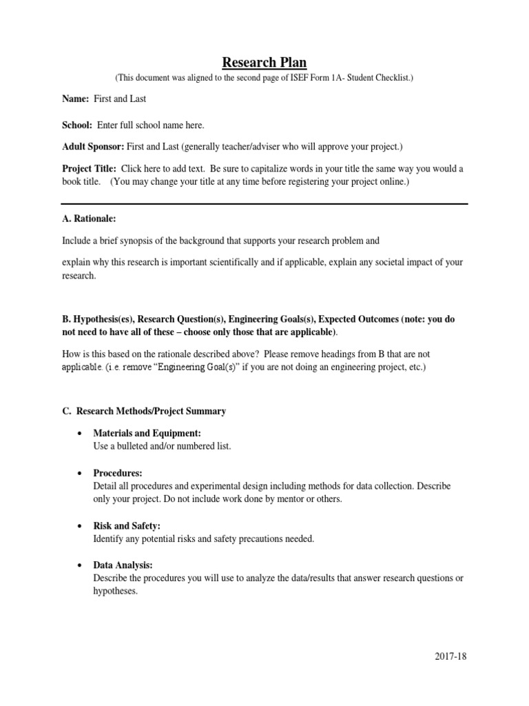 Research Plan: (This Document Was Aligned To The Second Page of ISEF ...