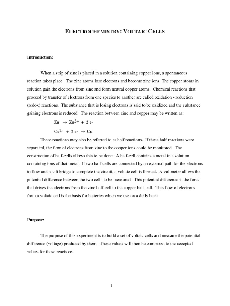 Voltaic Cells Experiment Guide | PDF | Redox | Electrochemistry