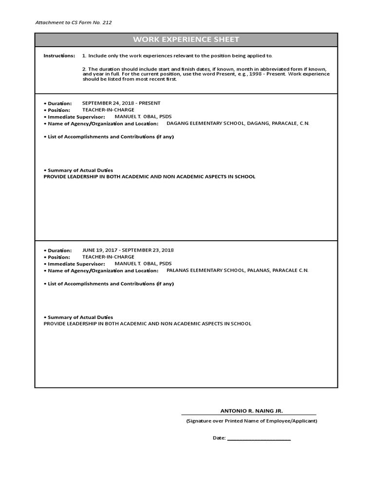 Teacher Work Experience Summary | PDF