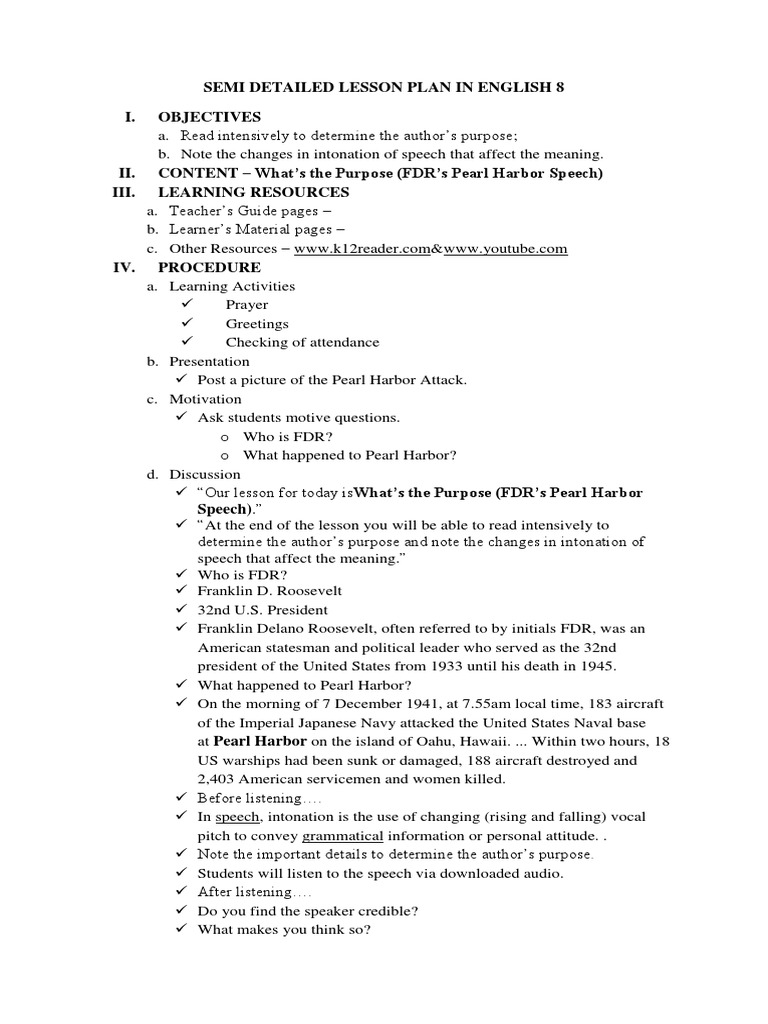 Semi Detailed Lesson Plan in English 8 | PDF | Attack On Pearl Harbor ...