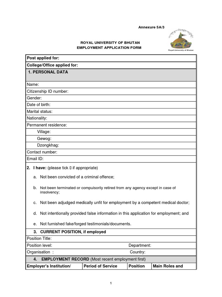 Royal University of Bhutan Job Application Form | PDF | Identity ...
