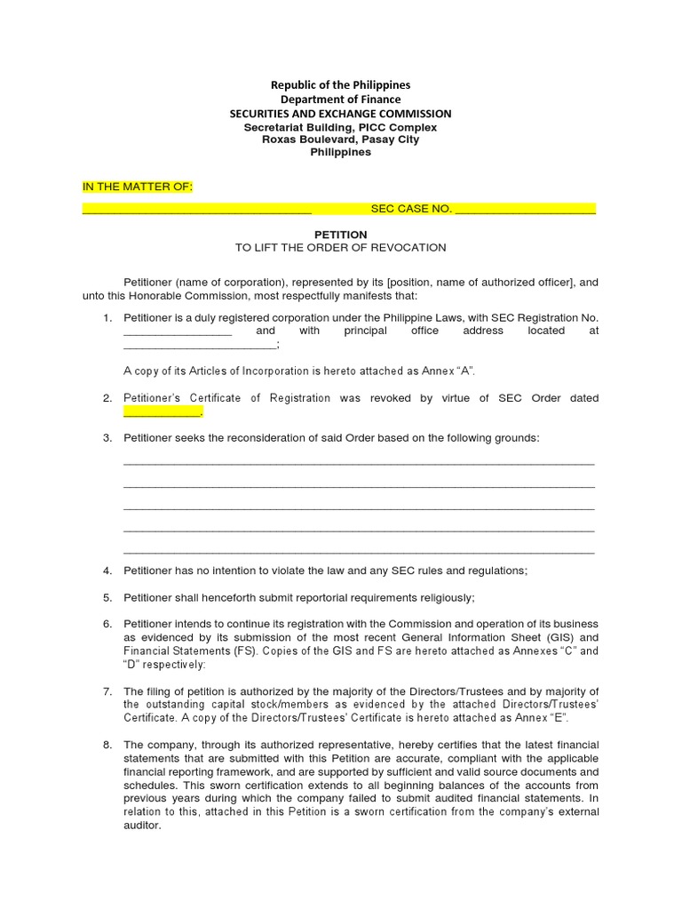 Petition For Revocation and Other Certifications | PDF | U.S ...