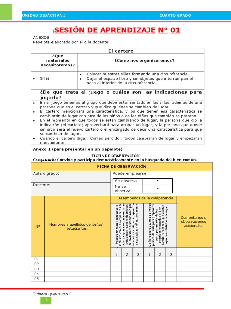 Anexo de Sesiones de Aprendizaje - Unidad Didáctica I - Editora Quipus Perú2019 | PDF | Ojo ...