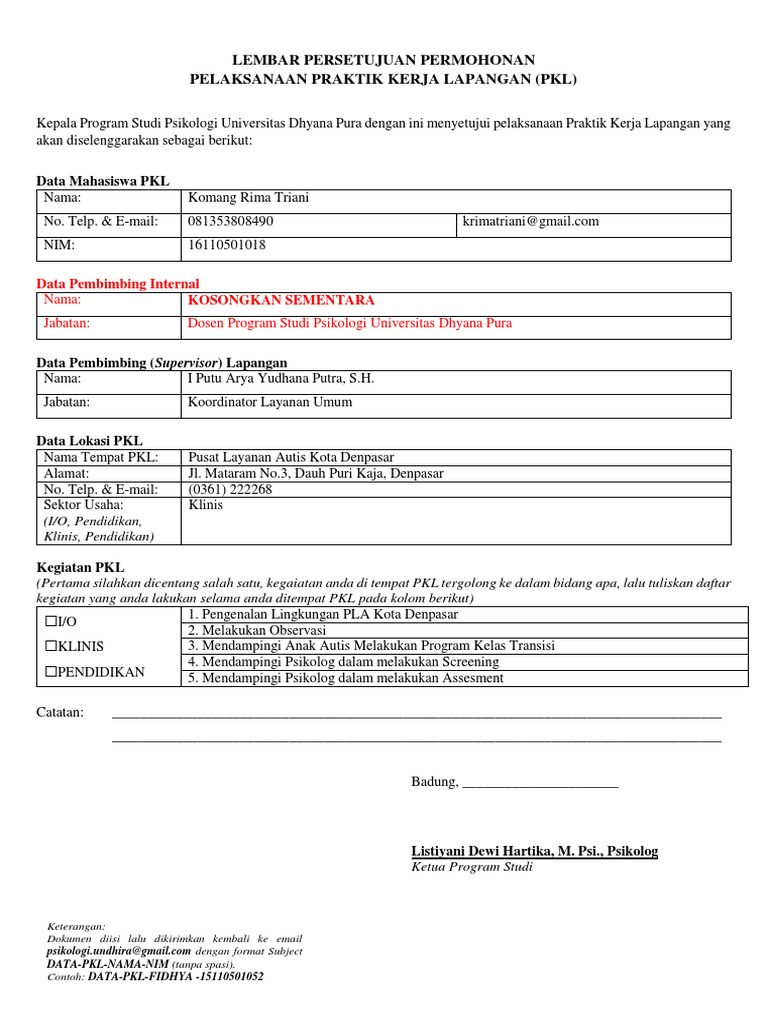 Form Persetujuan PKL | PDF