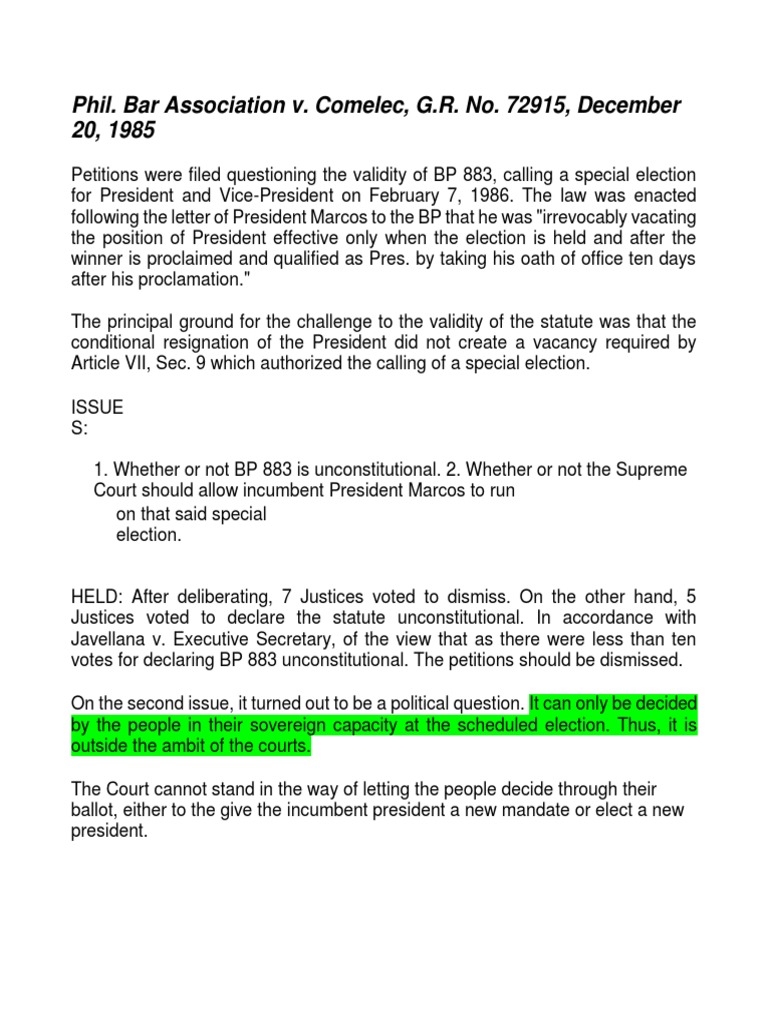 Phil. Bar Association v. Comelec, G.R. No. 72915, December 20, 1985 | PDF