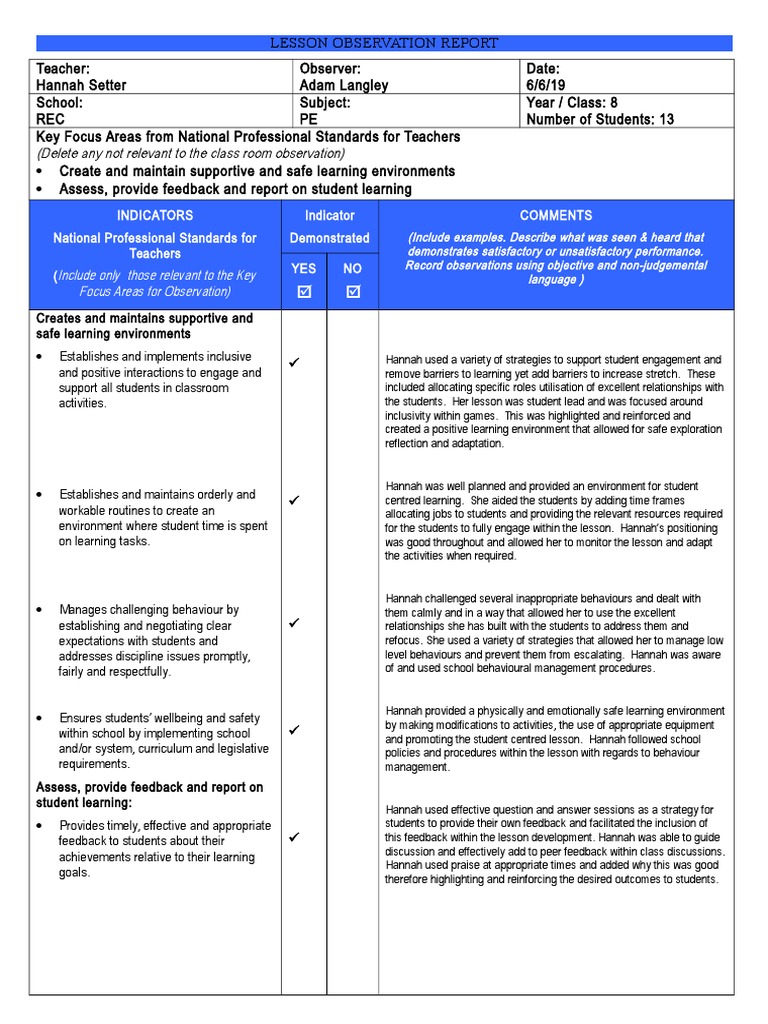 Lesson Observationreport | PDF | Educational Assessment | Teachers