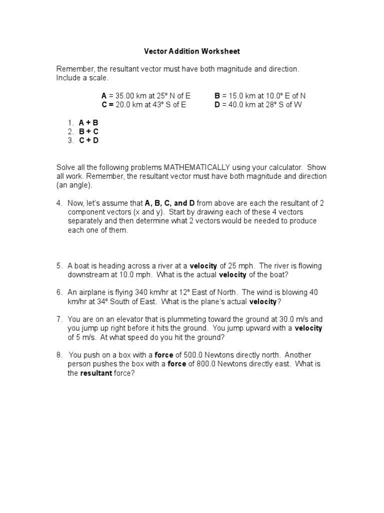Vector Addition Worksheet | PDF | Force | Euclidean Vector