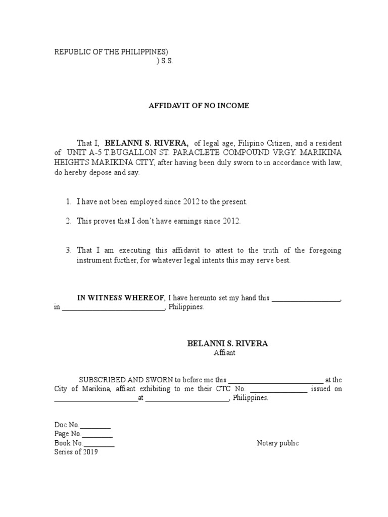 Affidavit of No Income: Belanni S. Rivera | PDF | Law