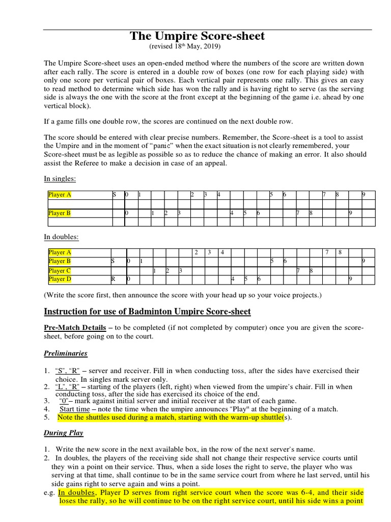 Badminton Umpire Score-sheet Guide | PDF | Referee | Sports