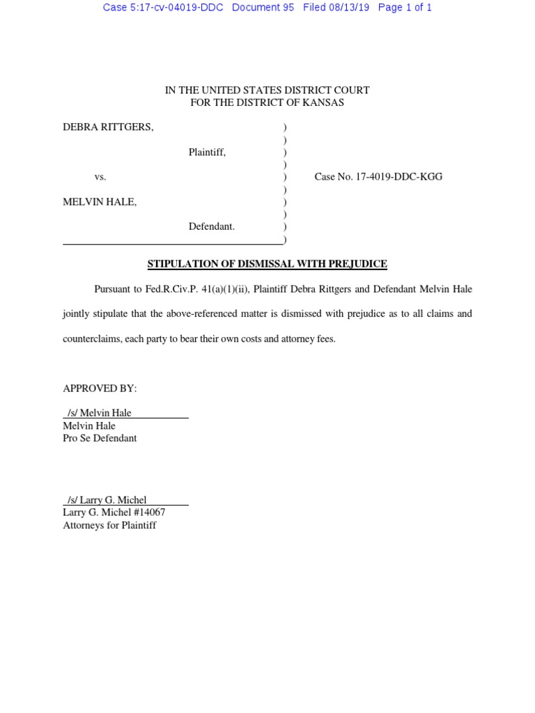 Stipulation of Dismissal by Debra Rittgers | PDF | Lawsuit | Judiciaries