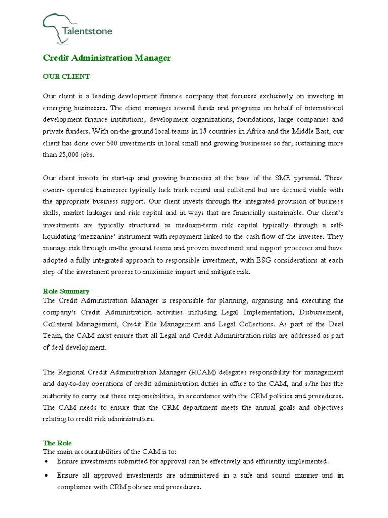 Credit Administration Manager: Our Client | PDF | Records Management ...