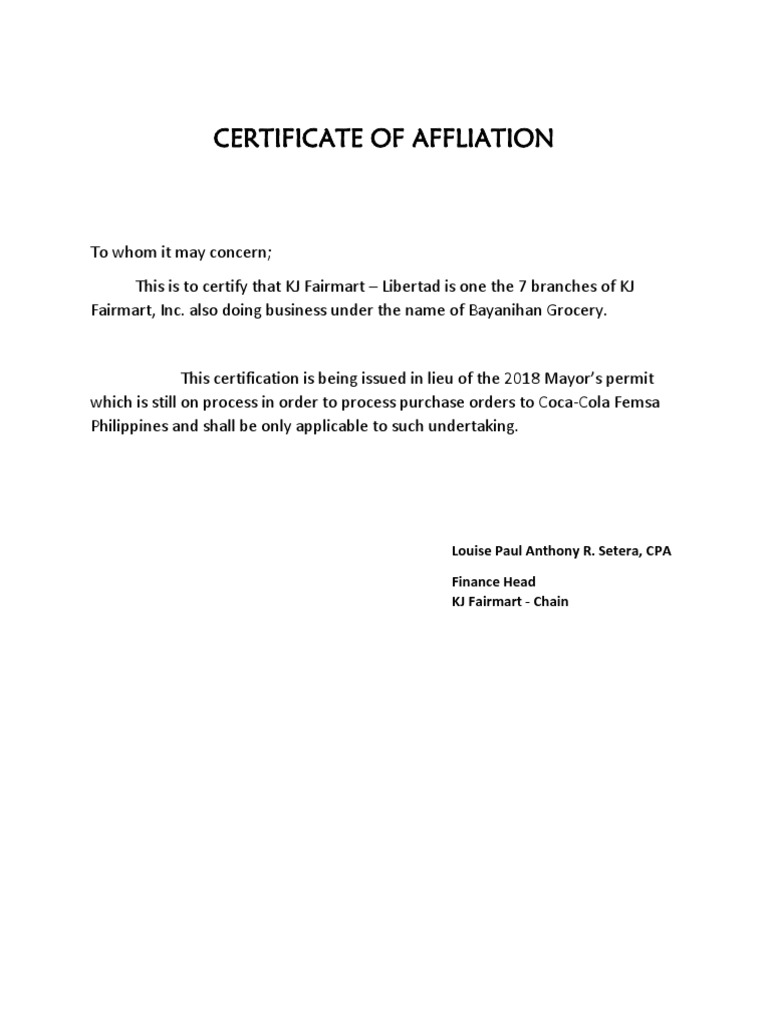 Certificate of Affliation | PDF