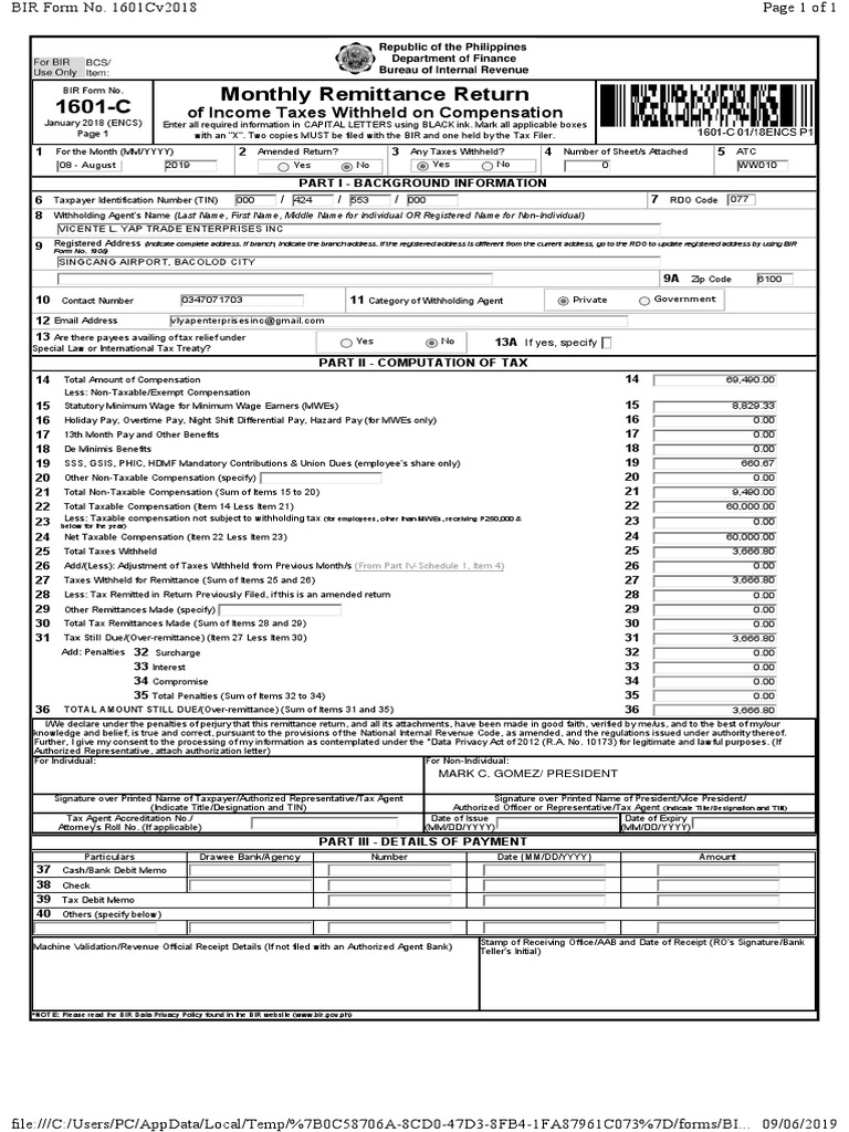 VL Yap 1601-c August 2019 Form | PDF | Withholding Tax | Services ...