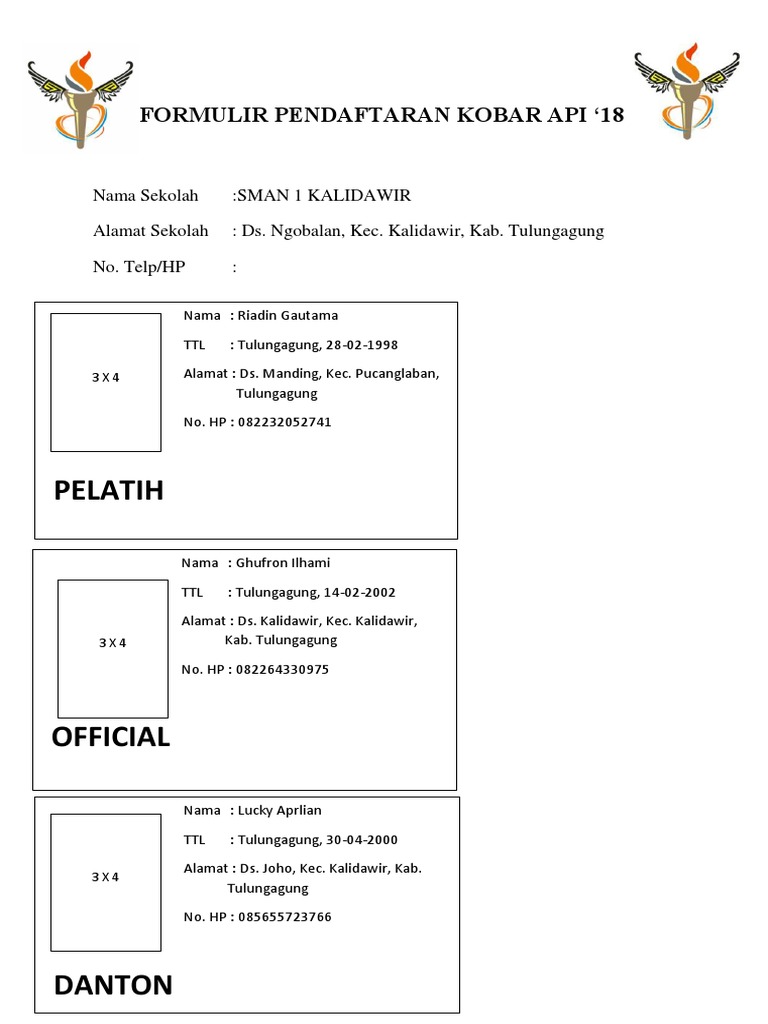FORMULIR PENDAFTARAN KOBAR API Sma | PDF