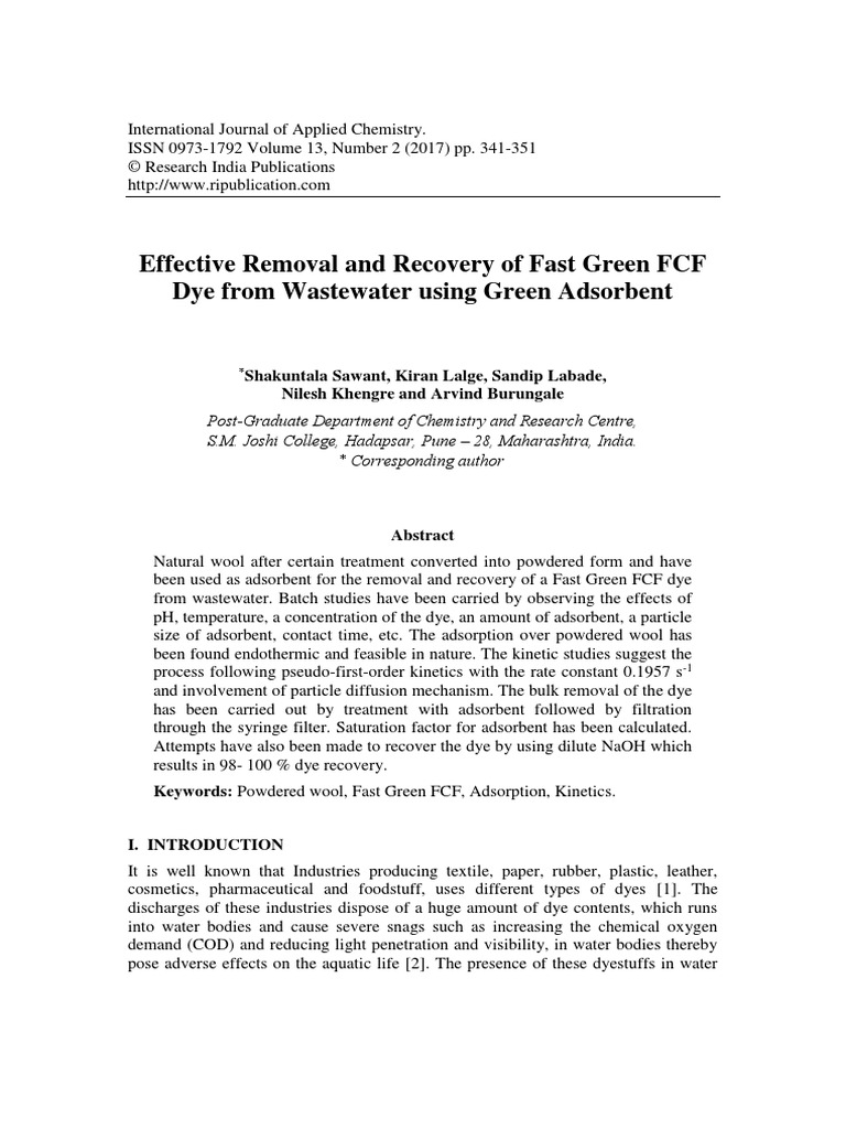 Effective Removal and Recovery of Fast Green FCF Dye From Wastewater ...