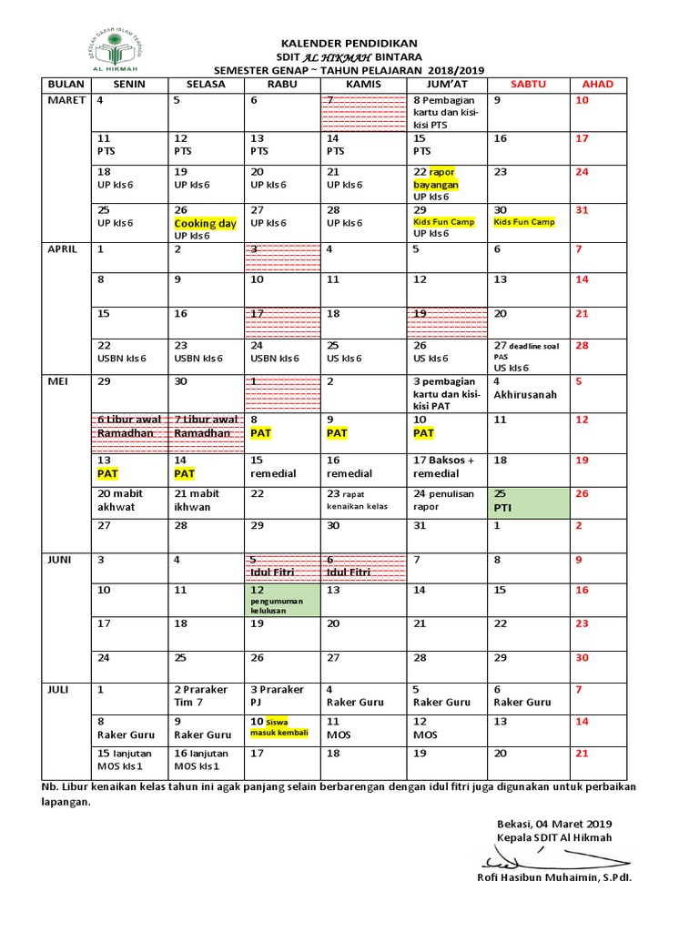 Contoh Kalender Pendidikan Sekolah | PDF