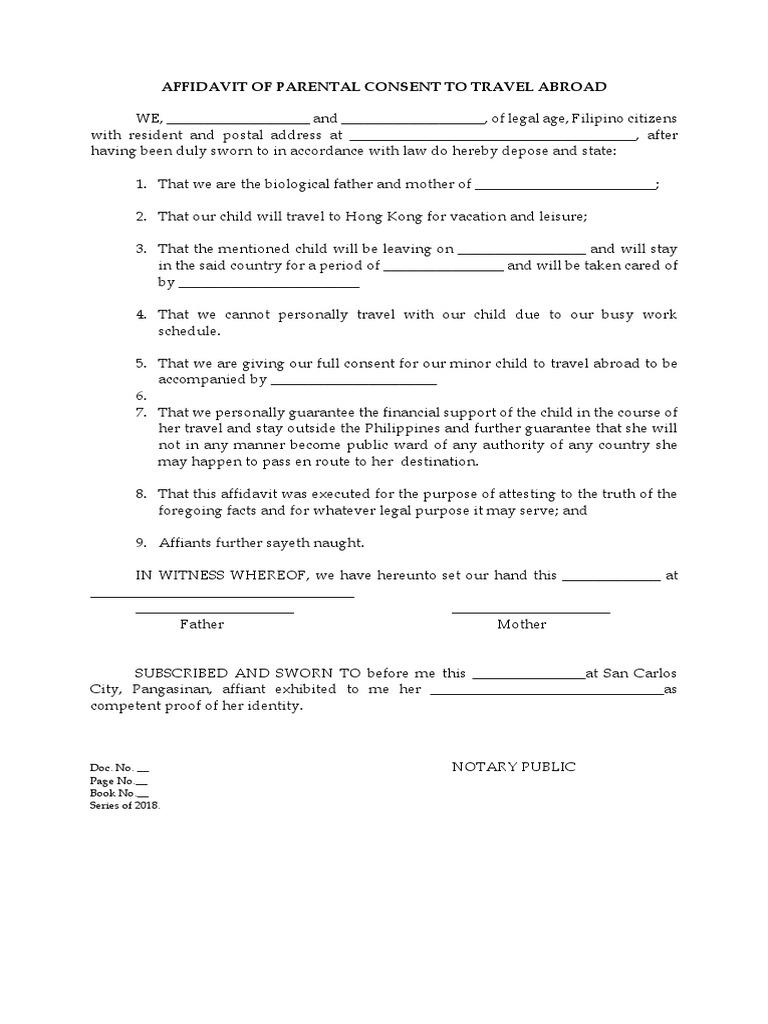 Affidavit of Parental Consent To Travel Abroad - 1 | PDF
