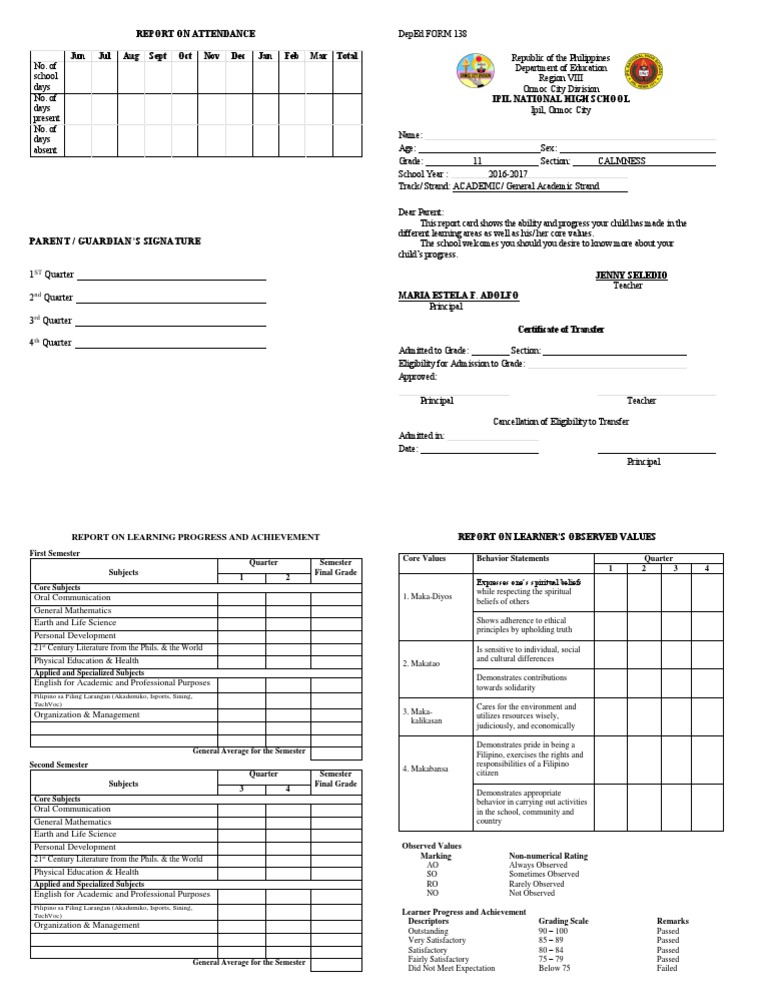 Report Card Senior High | PDF | Learning | Psychological Concepts