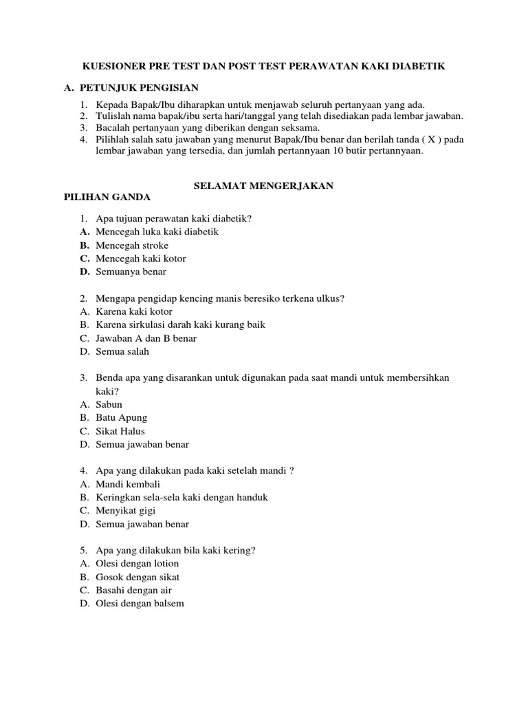 Kuesioner Pre Test Dan Post Test Pasien Perawatan Kaki DM | PDF