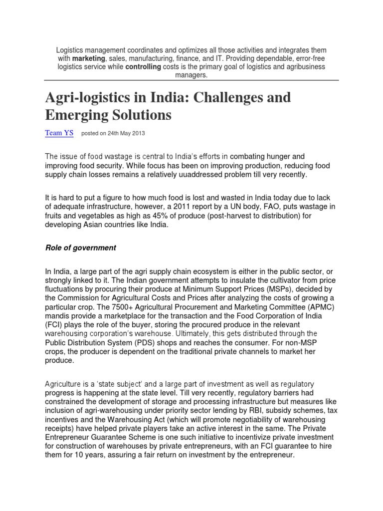 Agri Logistics Management | PDF | Logistics | Supply Chain
