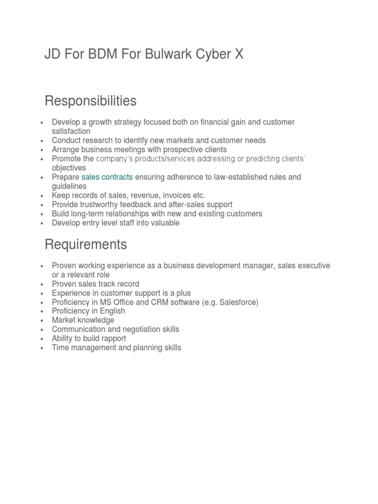 JD For BDM For Bulwark Cyber X | PDF