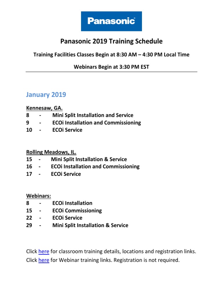 2019 Panasonic Hvac Training Schedule Trainning | PDF | Distributed ...
