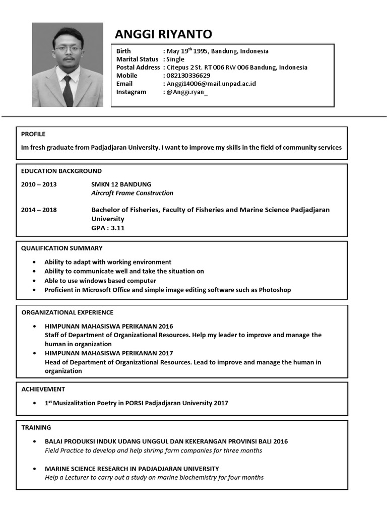 Anggi Riyanto's Resume: Fisheries Graduate | PDF