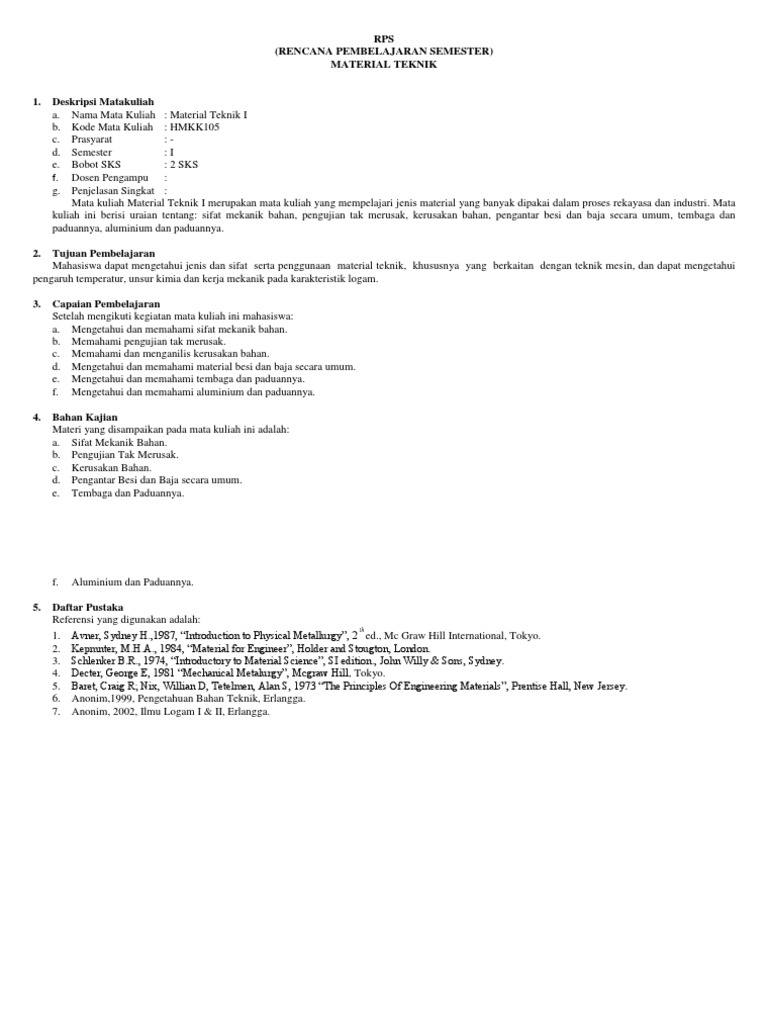 Rps Material Teknik 2019 | PDF