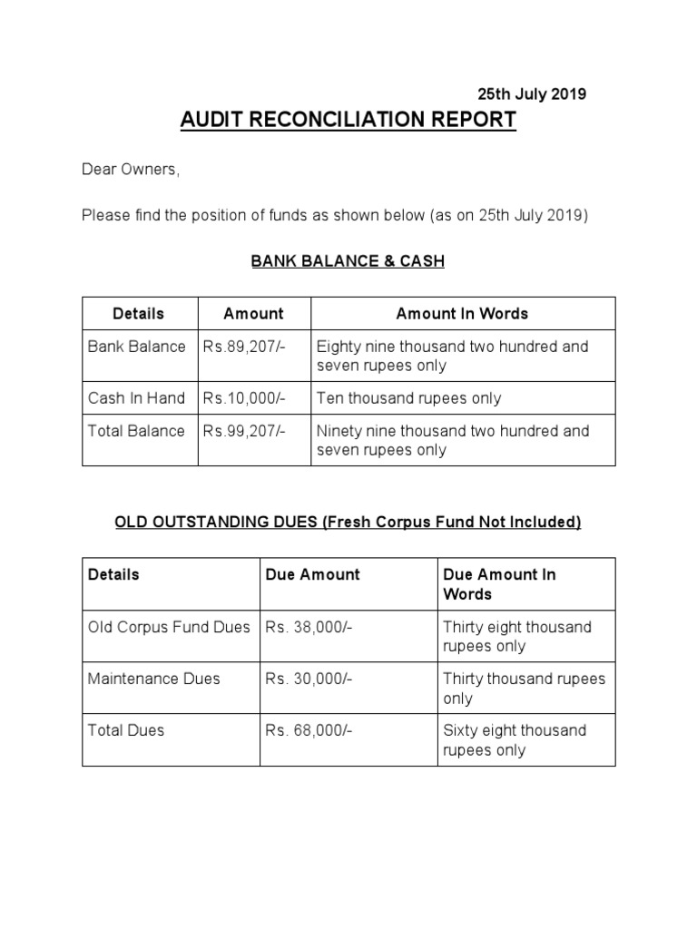Audit Reconciliation Report July 2019 | PDF | Rupee | Economy Of India