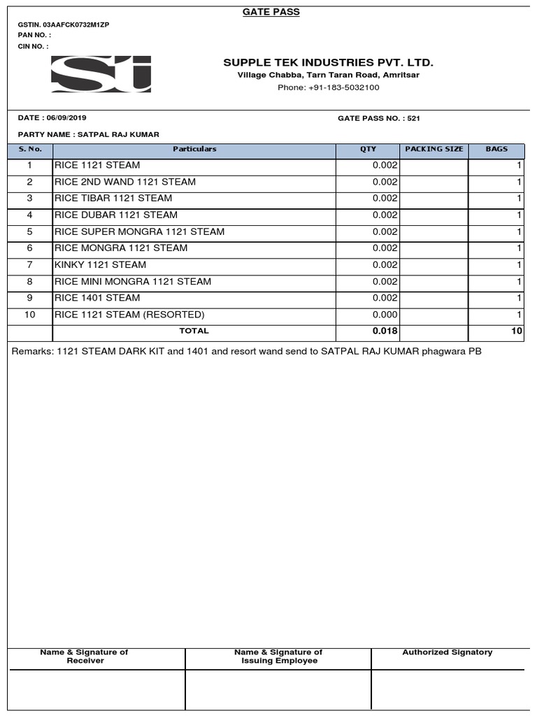 Rice Sample Gate Pass PB | PDF