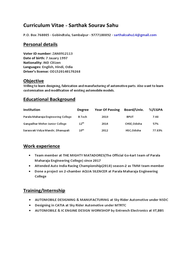 Curriculum Vitae Sarthak Sourav Sahu: Personal Details | PDF