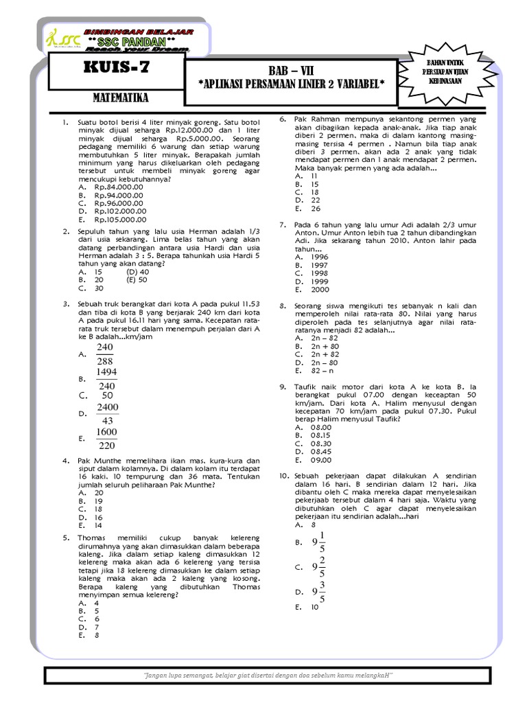 KUIS M7 - Aplikasi Persamaan Linear 2 Variabel | PDF